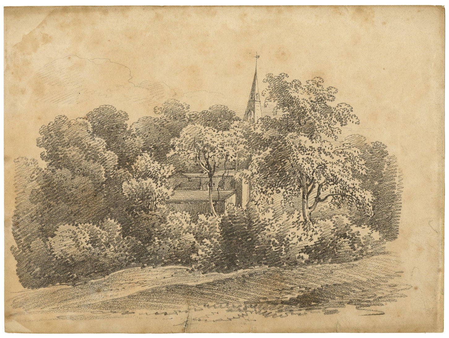 Henry William Burgess, Tree Foliage Study With Church C.1829 Graphite ...
