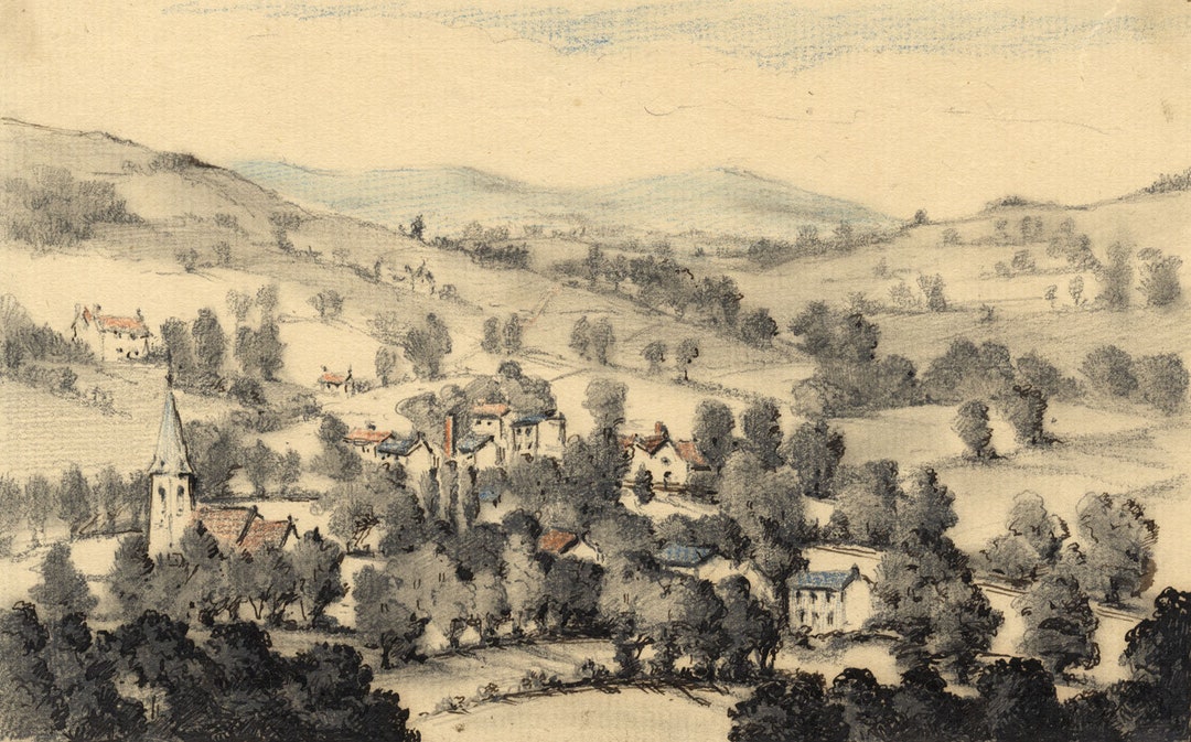 Village on the Hillside – Original 19th-century Chalk Drawing - Etsy