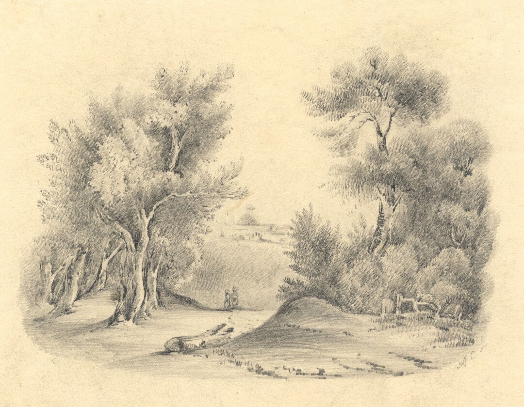 A.C.L., Figures on Wooded Landscape Path – Early 19th-century Graphite ...