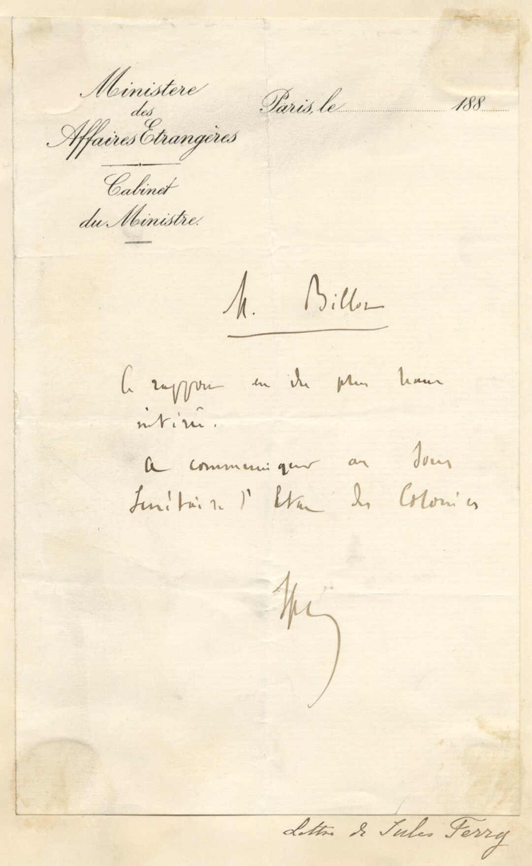 Handwritten Signed Letter From Jules Ferry, French Prime Minister ...