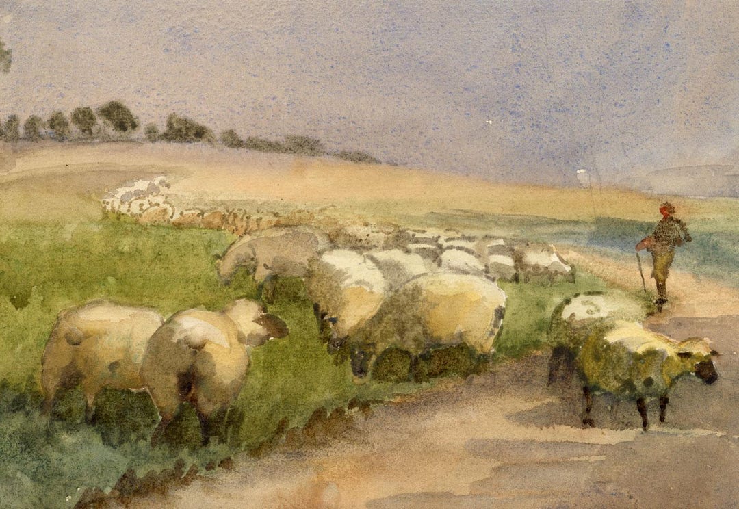 Isabel Lewis, Flock of Sheep With Shepherd – C.1900s Watercolour ...