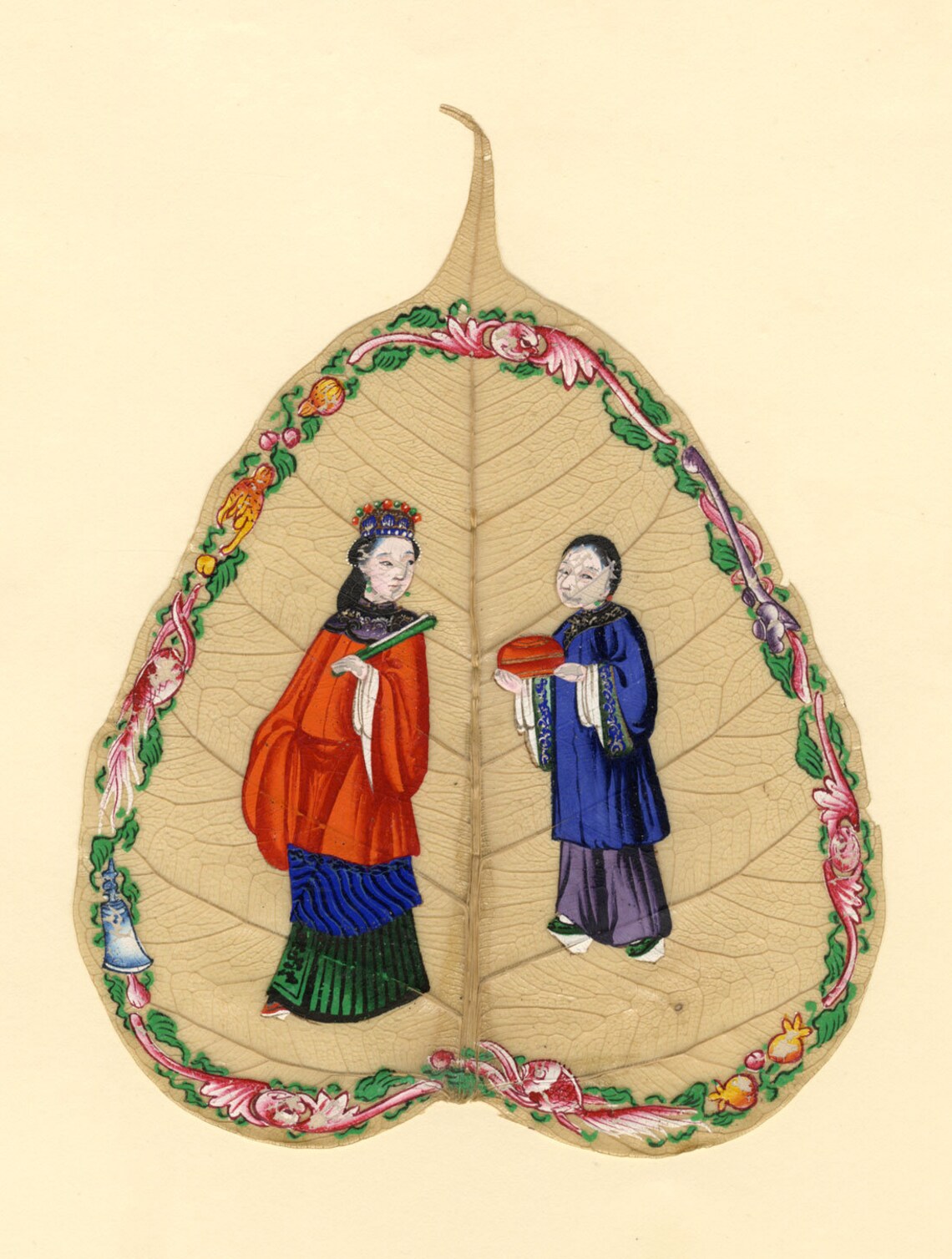 Antique 19th-century Chinese Peepal Leaf Painting Qing Dynasty Imperial ...