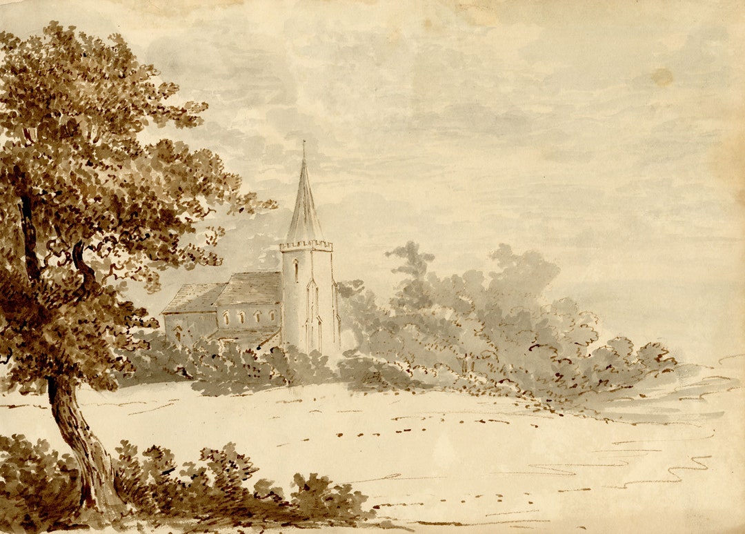 Henry William Burgess, Tree With Church – Original C.1829 Watercolour ...