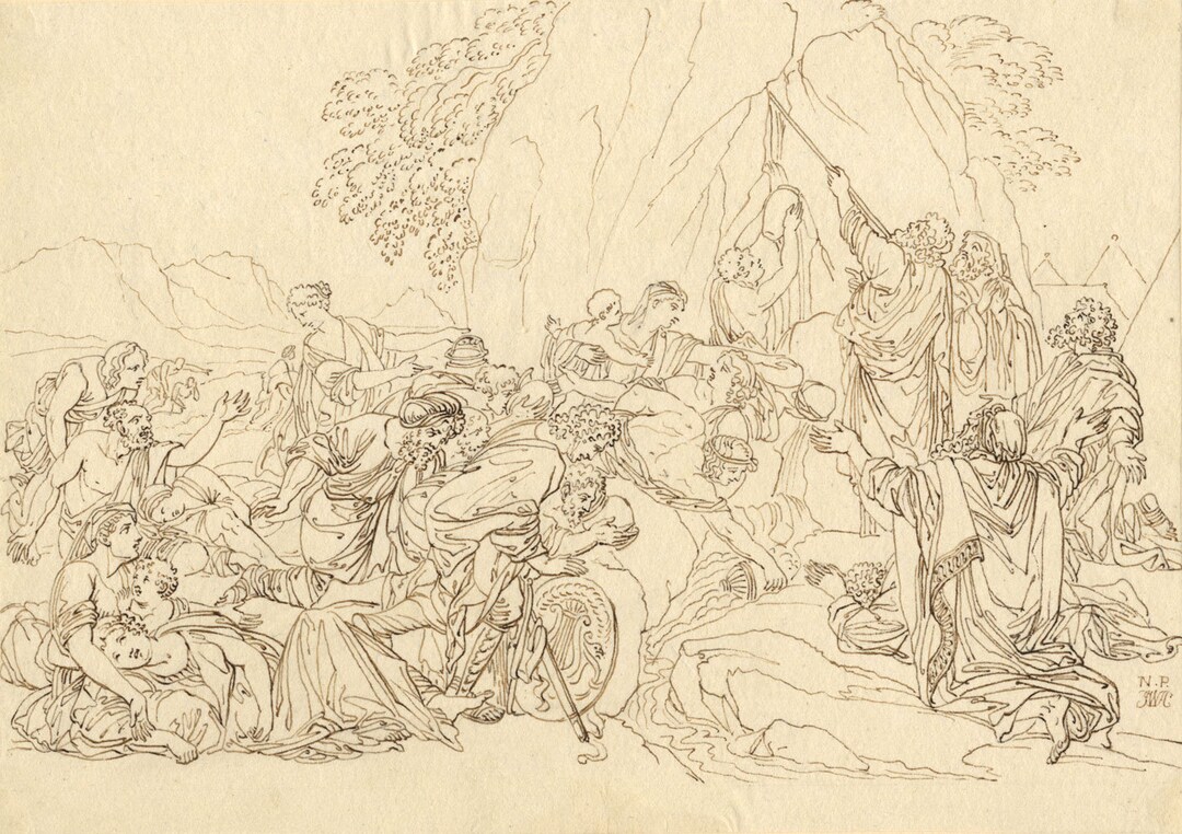 John White Abbott Pen & Ink Drawing C.1805 Moses Striking Rock Nicolas ...