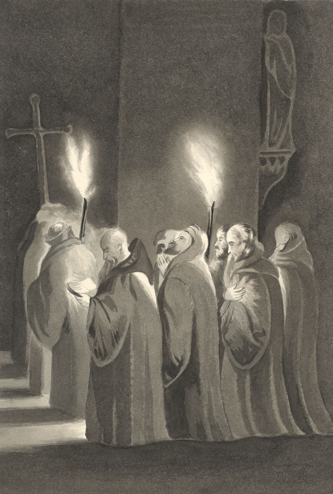 Attrib. Mary Heber, Carthusian Monks by Torchlight –c.1830s Watercolour ...