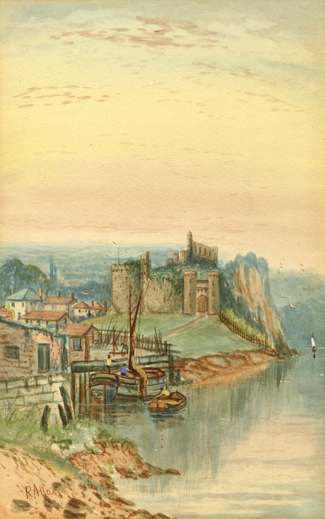 R. Allam, Coastal Castle With Fishing Boat – 19th-century Watercolour ...
