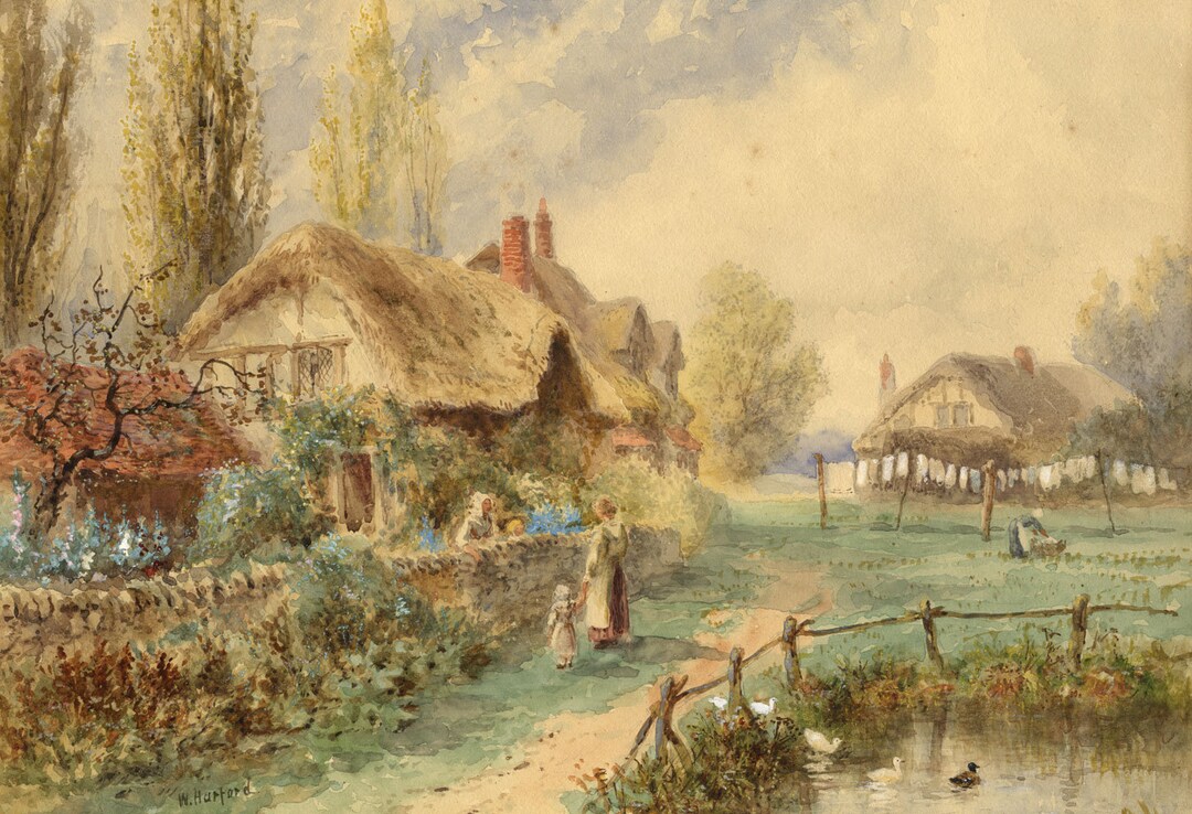 Thatched Cottage Scene Watercolour Painting Early C20th William Henry ...