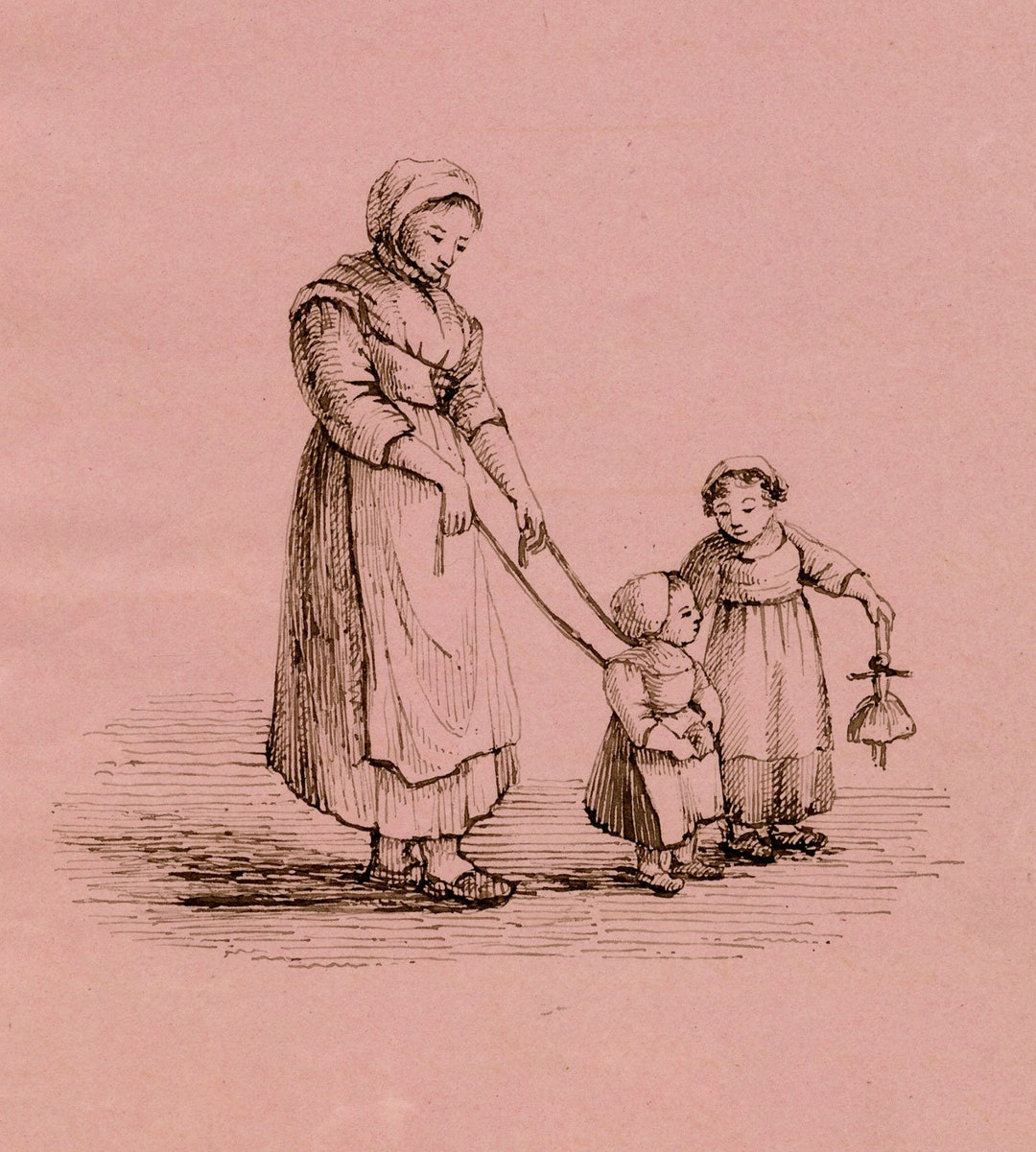 Woman With Child on a Leash Pen & Ink Drawing Early 19th Century ...