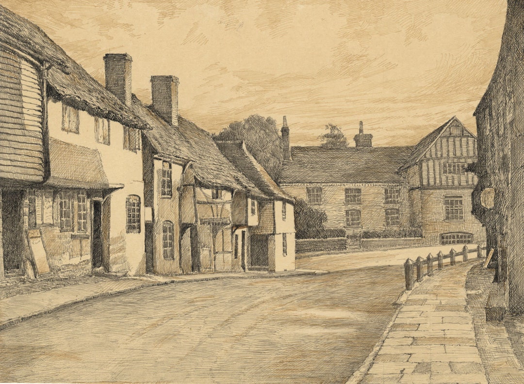 Village Street With Tudor Buildings – Early 20th-century Pen & Ink ...