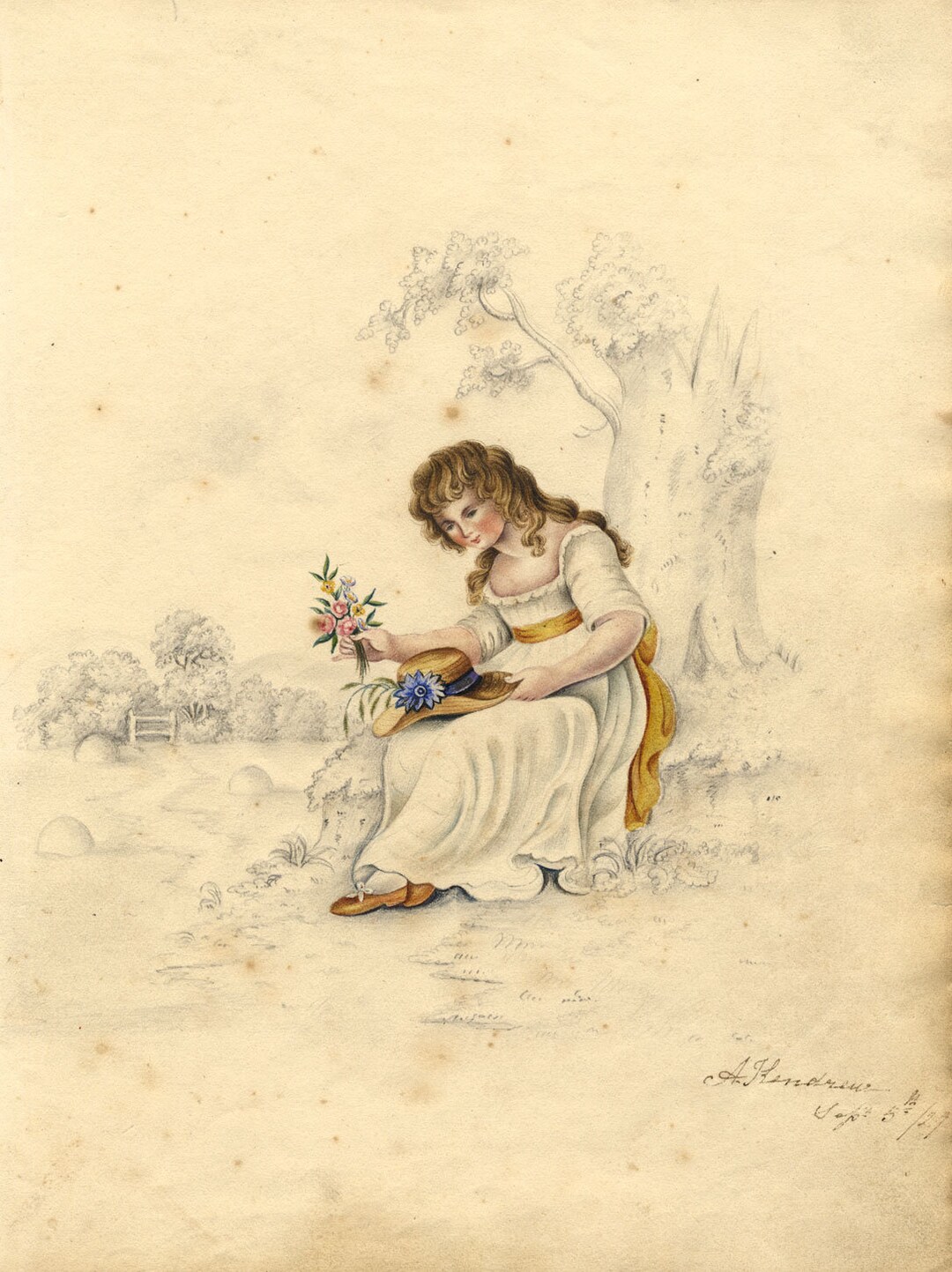 A. Kendrew, Resting Girl With Wildflower Posy – 1827 Watercolour ...