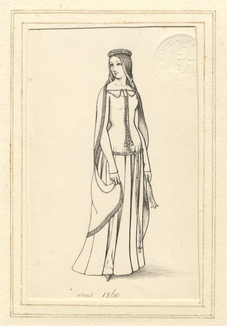 Medieval Lady C.1360 From a Monumental Brass Pen & Ink Drawing C.1830s ...
