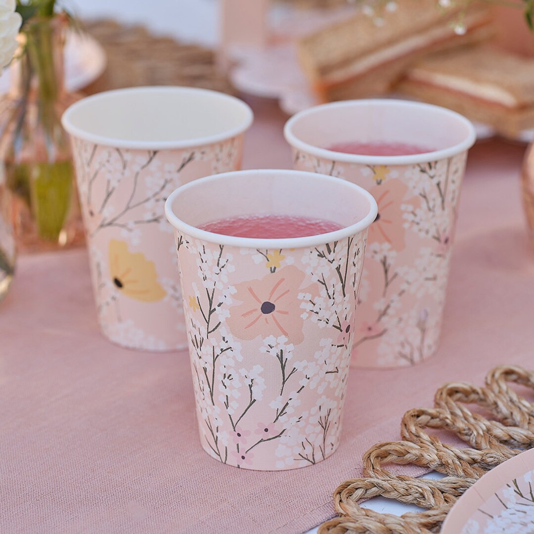 8 Pink Floral Party Cups, Floral Paper Cups, Floral Party Decor ...
