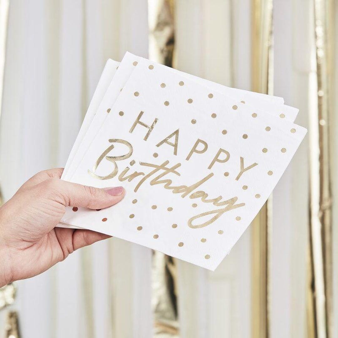 16 Gold and White Happy Birthday Paper Napkins, Gold Birthday Party ...