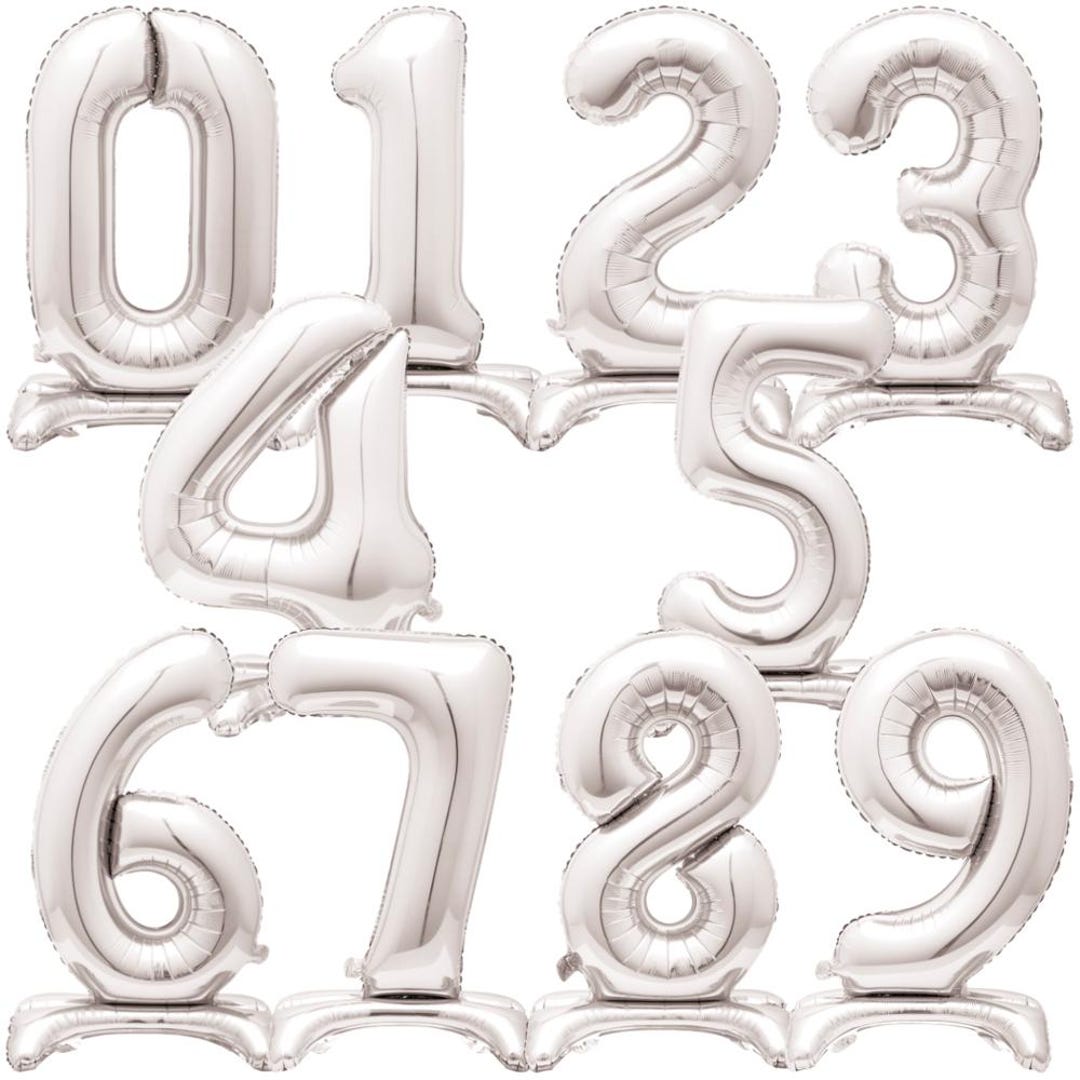 Standing Silver Number Balloons 0-9, Milestone Birthday Balloons ...