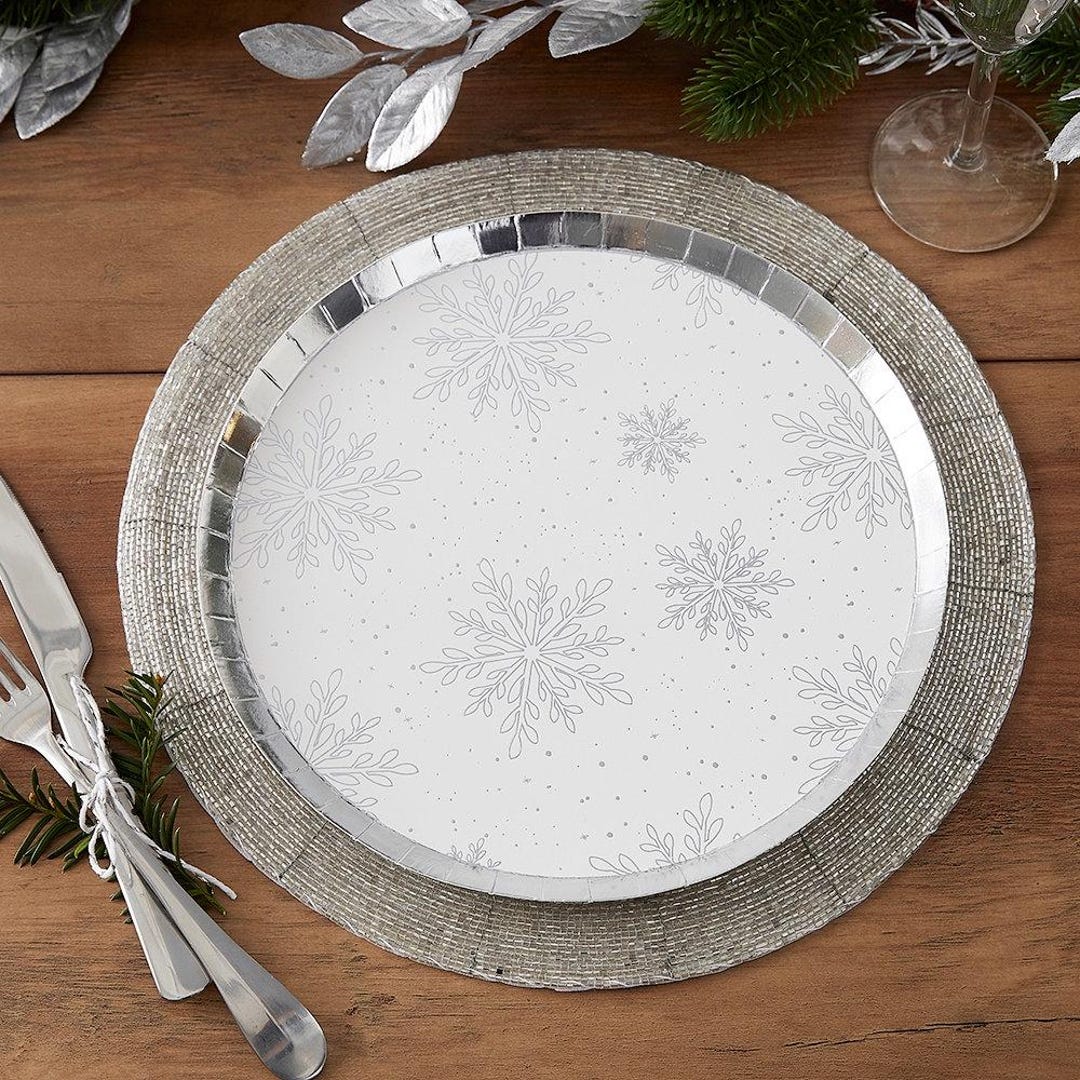 8 Silver Snowflake Christmas Paper Plates, Christma Party Tableware ...