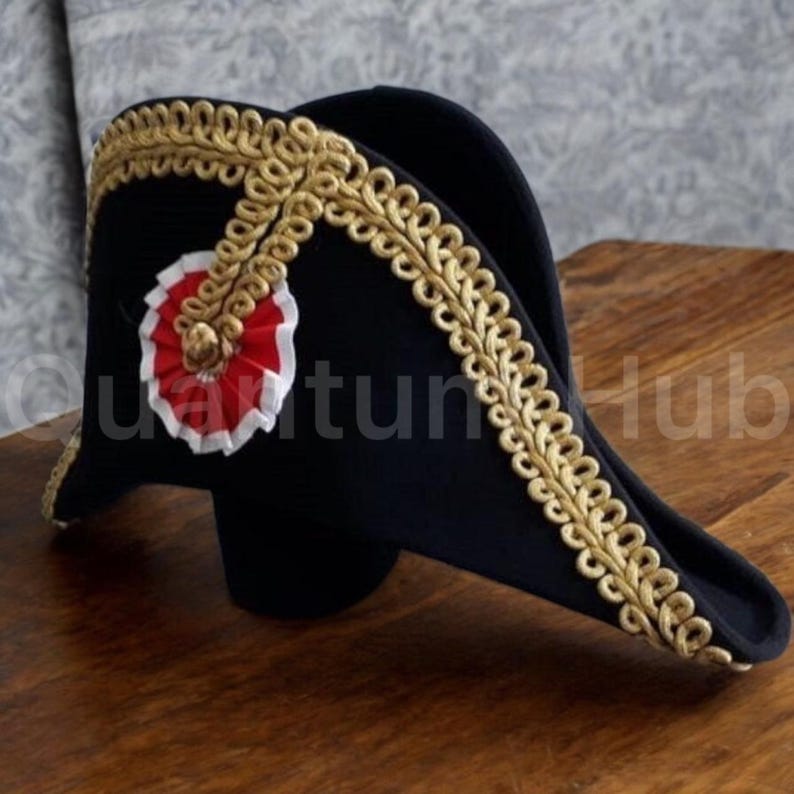 New Napoleonic Bicorne Gold Trim Hat With White and Red Cockade (free ...