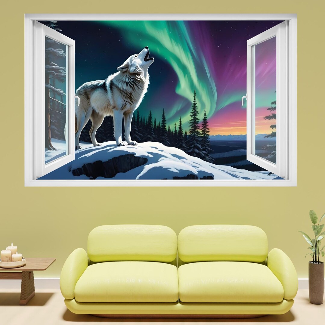 Howling Wolf Northern Lights Wall Sticker Mural Decal Self-adhesive ...