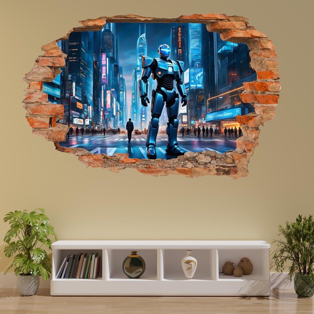 Futuristic City Steampunk Robot Mural Decal Self-adhesive Wall Sticker ...