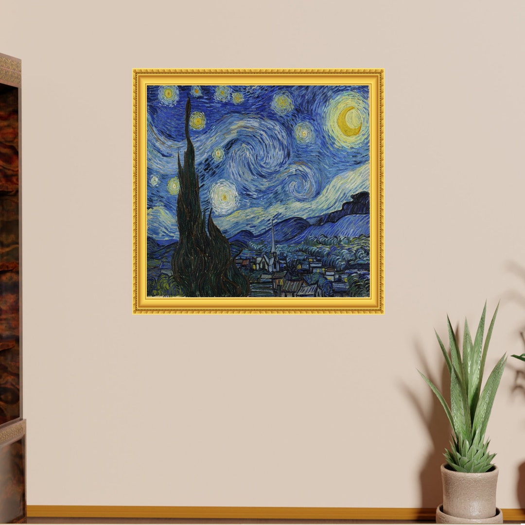 Van Gogh Starry Night Wall Sticker 3D Golden Frame Effect Decal Mural ...