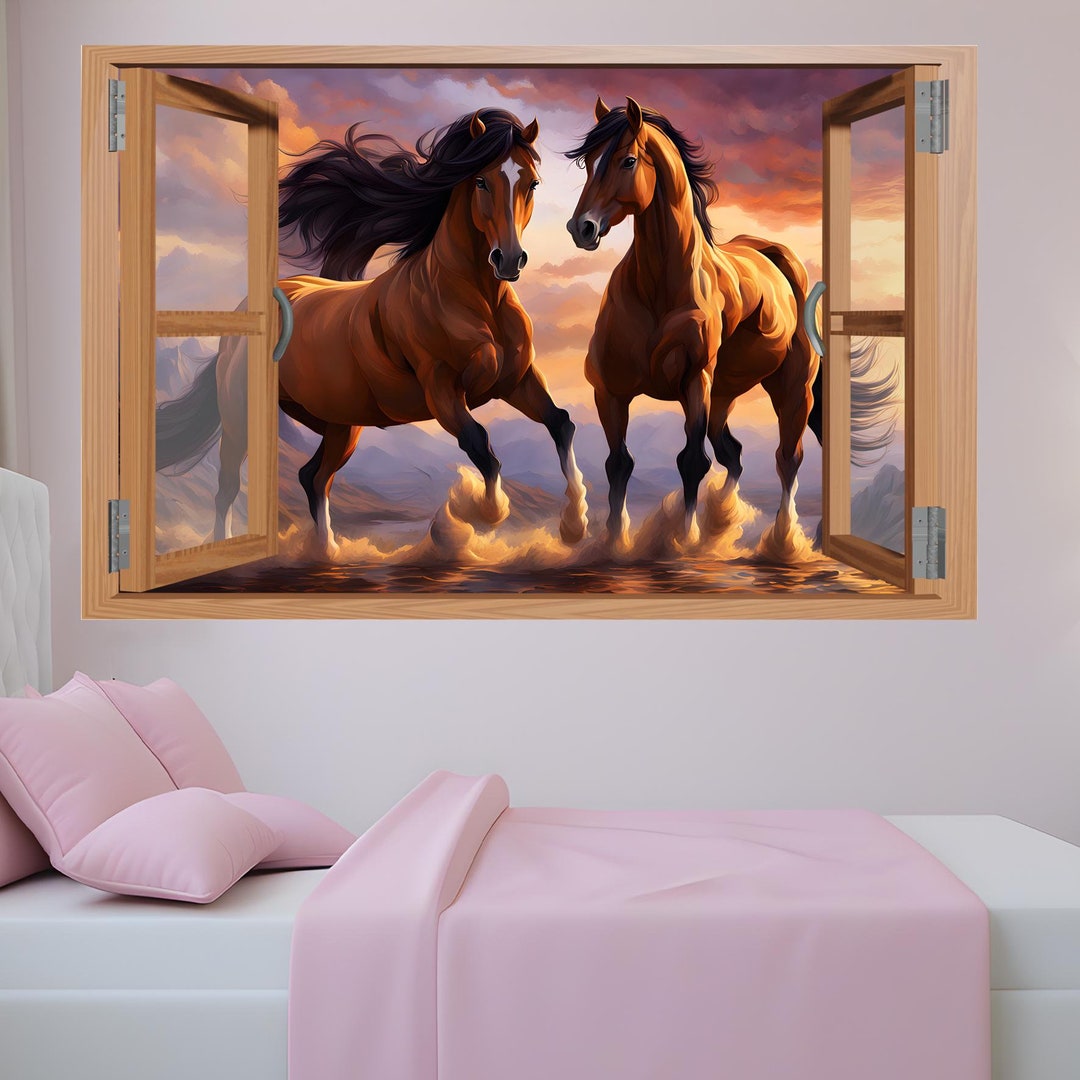 3D Running Horses Window Wall Sticker – Sunset Mural Decal | Self ...