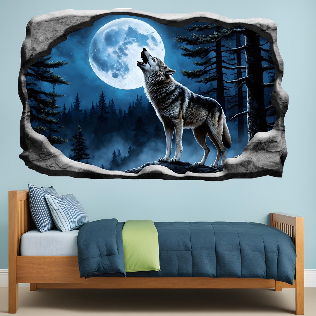 Howling Alpha Wolf Moon Light Mural Decal Poster Wall Art Sticker Self ...