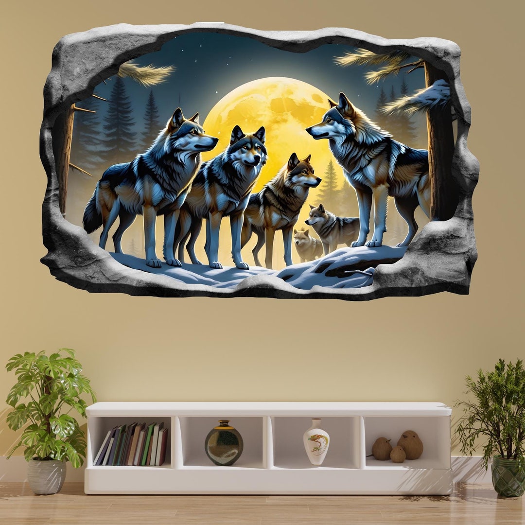 Pack of Wolves Full Moon Poster Wall Art Sticker Mural Decal Self ...