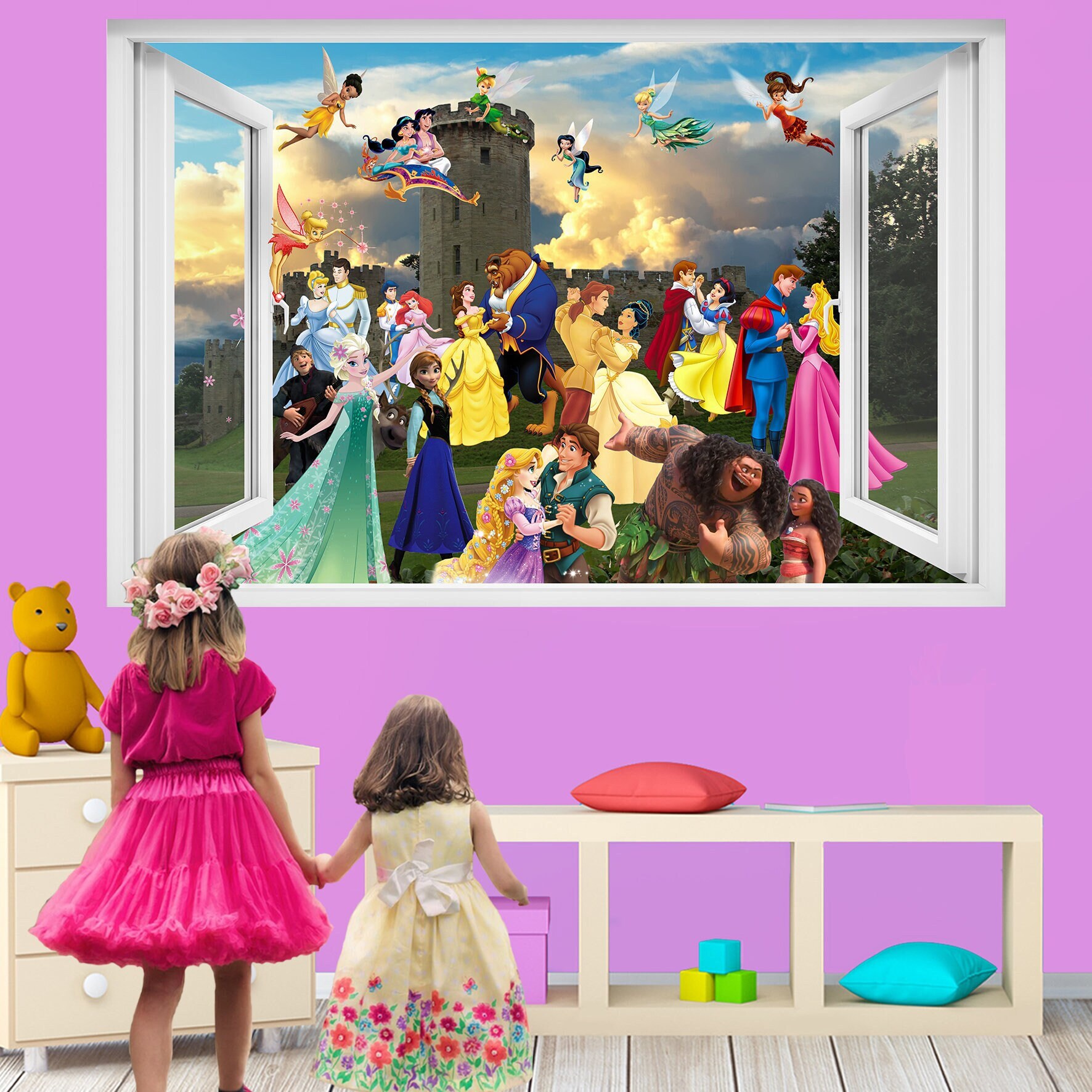Princesses Princes Cartoon Characters Fairies Castle Wall Art Sticker ...