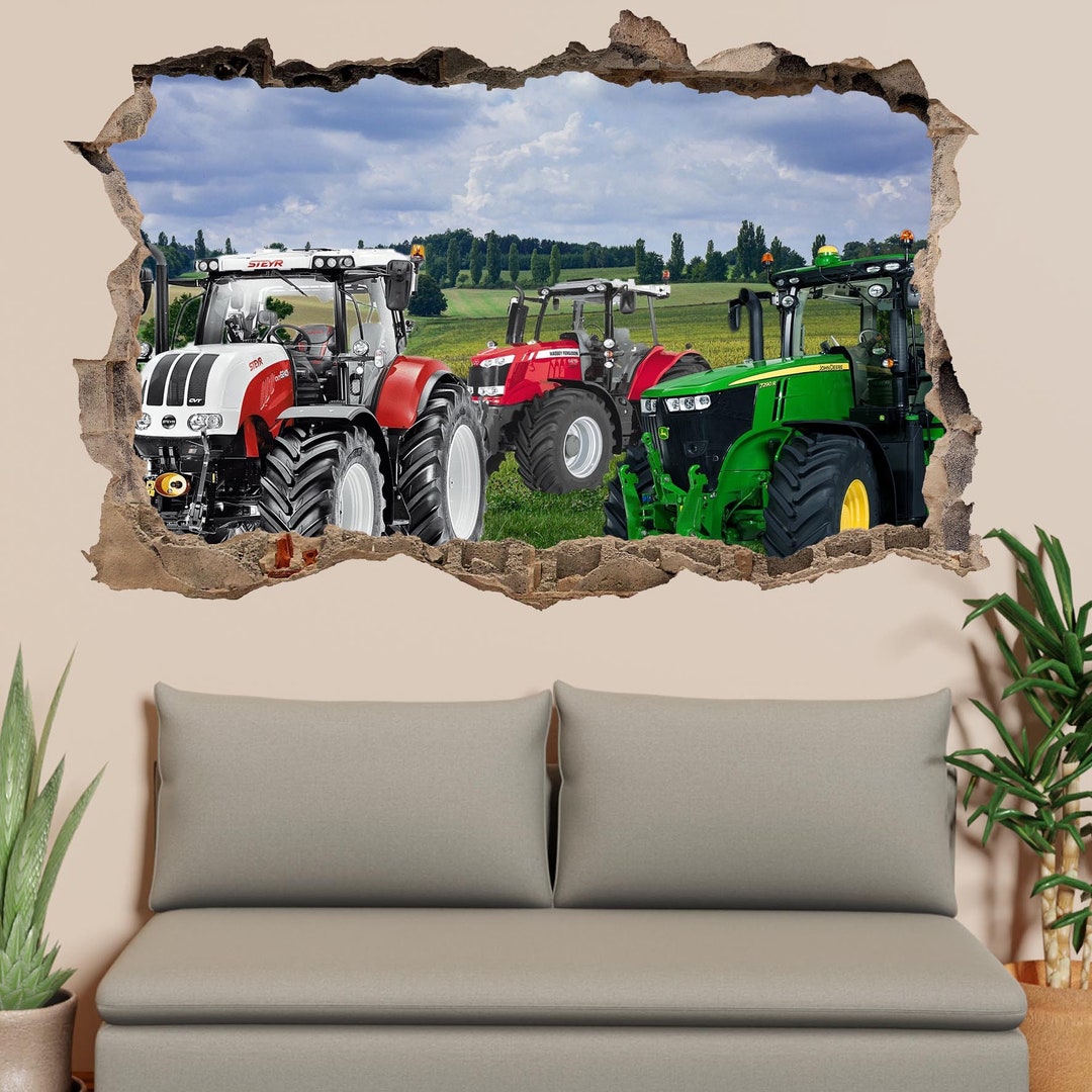 Green Fields Powerful Modern Tractors Wall Art Sticker Decal Mural ...