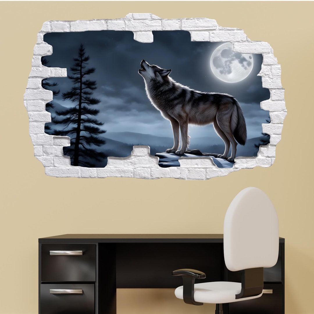 Howling Wolf Full Moon Wall Sticker Mural Decal Poster Self-adhesive ...