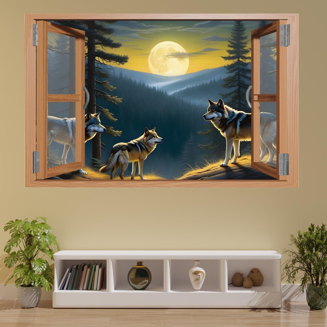 Wolf Pack Wood Cabin Window Wall Sticker Mural Decal Self-adhesive ...