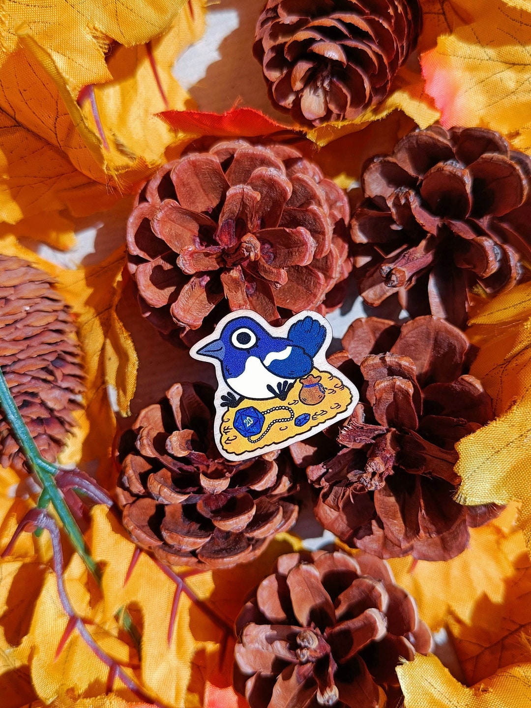 Magpie With D20 Wooden Pin Badge - Etsy