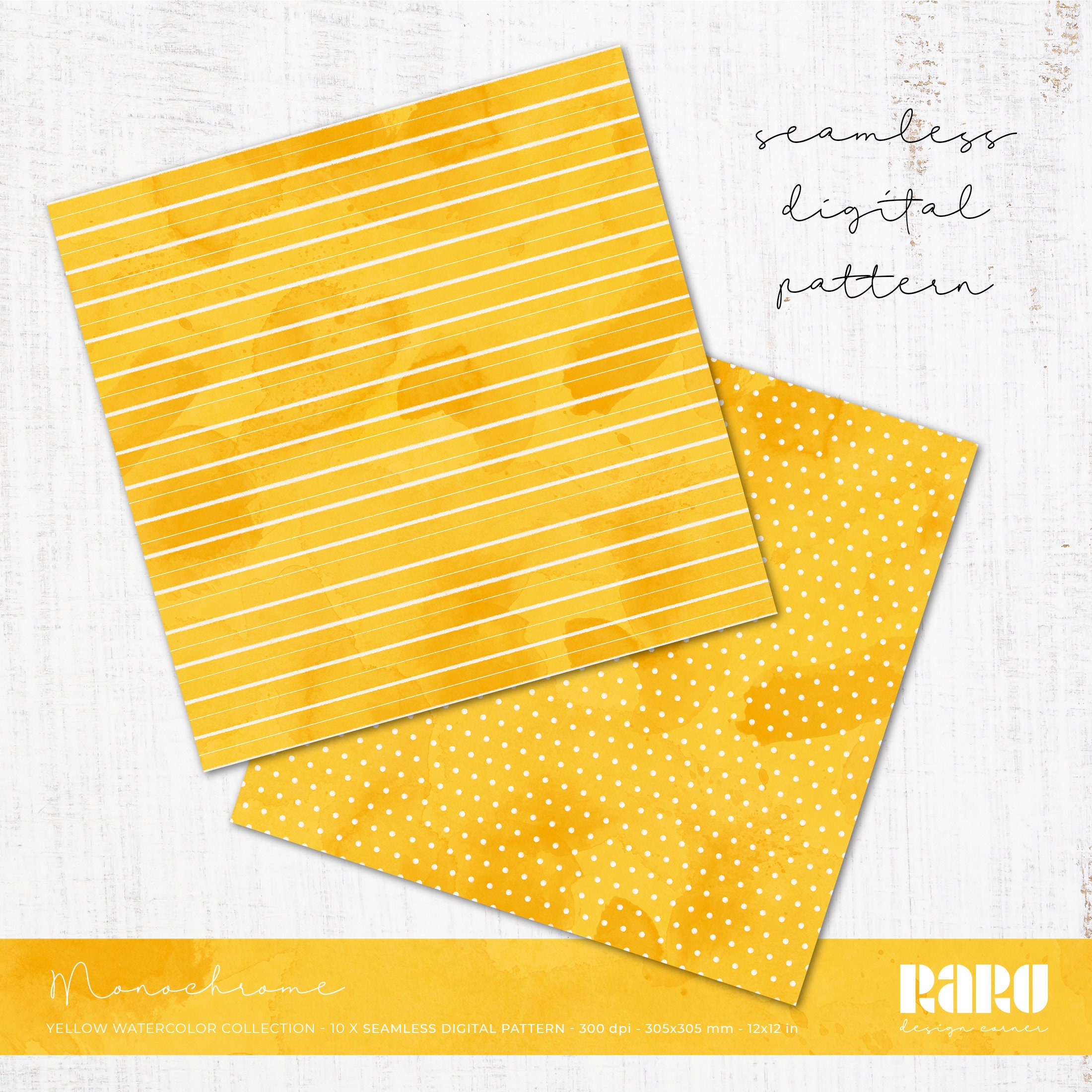 Monochrome Digital Paper Pack - 10 X Seamless Watercolour Yellow ...