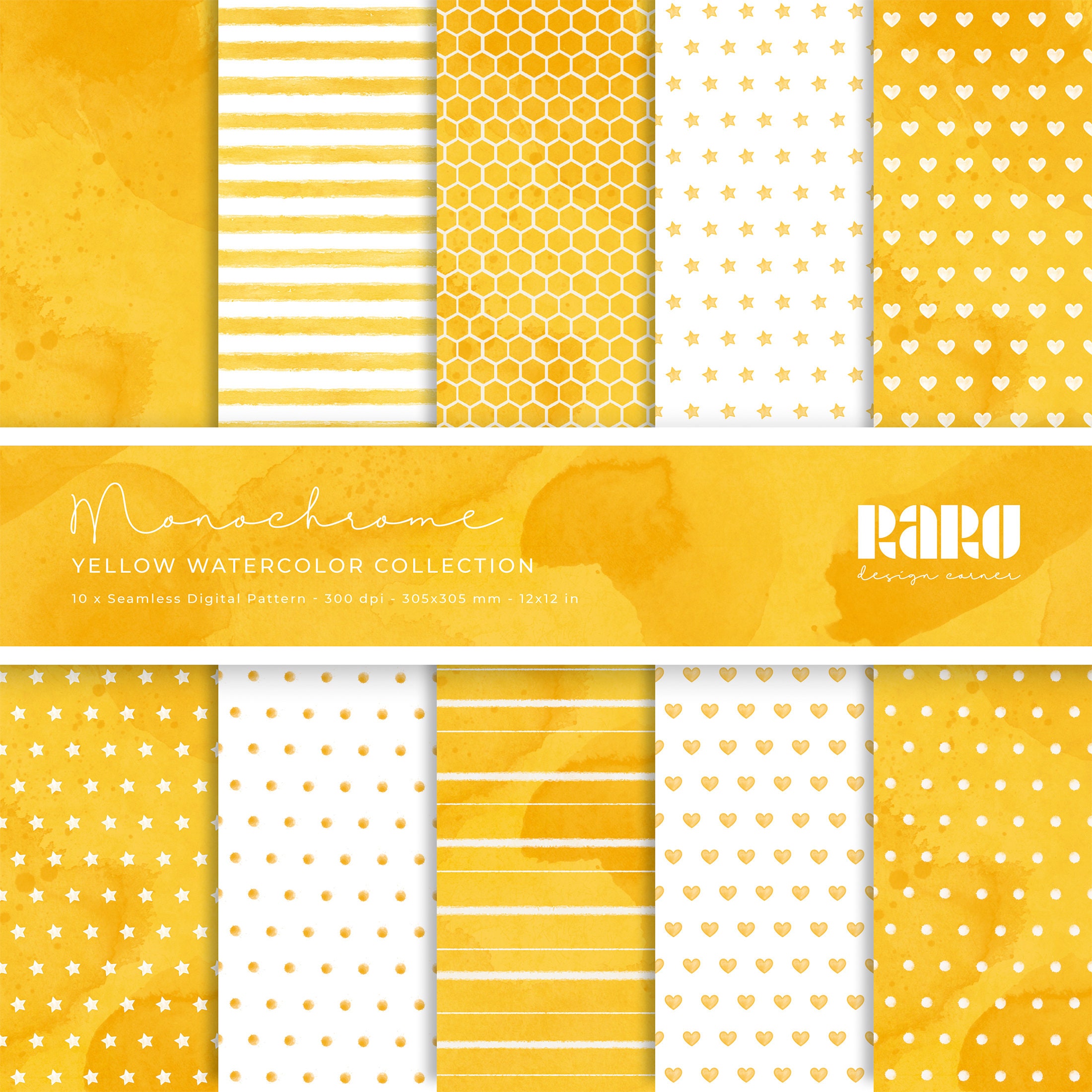 Monochrome Digital Paper Pack - 10 X Seamless Watercolour Yellow ...