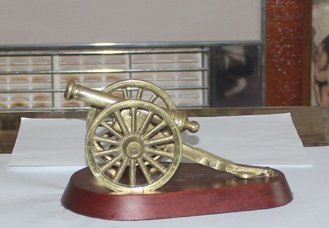 Vintage Brass Cannon on a Felt Lined Mahogany Wooden Stand21cm Wide ...