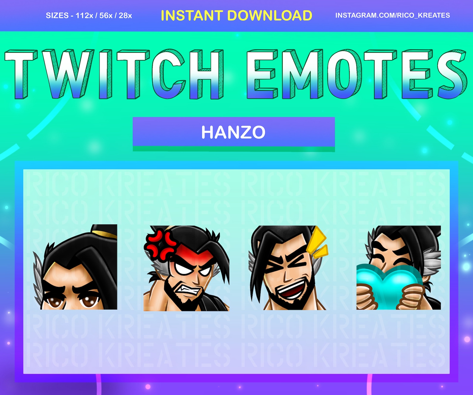 Hanzo Overwatch Twitch Emote Pack 112x112 / 56x56 / 28x28 - Twitch, Discord, Youtube, Over Watch ...