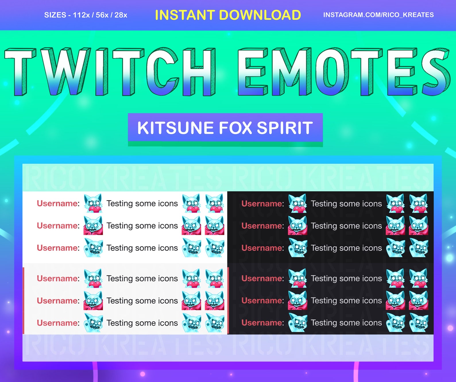 Kiriko Kitsune Fox Spirit Twitch Emote Pack 112x112 / 56x56 / 28x28 ...
