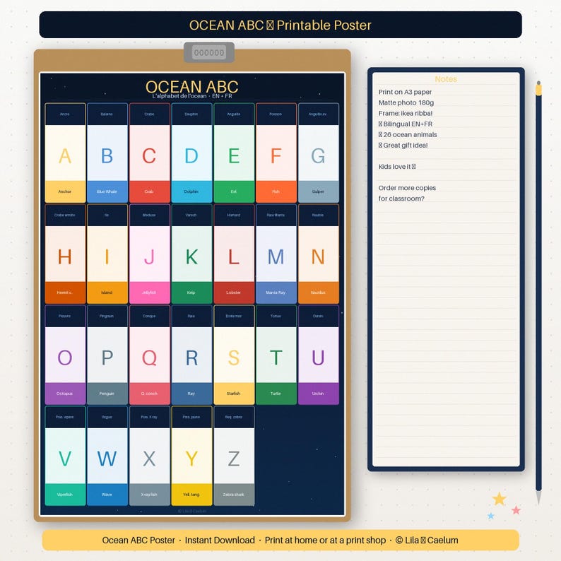 Ocean ABC Alphabet Poster Printable | English French Bilingual ...