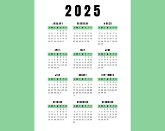 2025 Calendar- 12 Month - Single Page - PDF - Instant Download ...