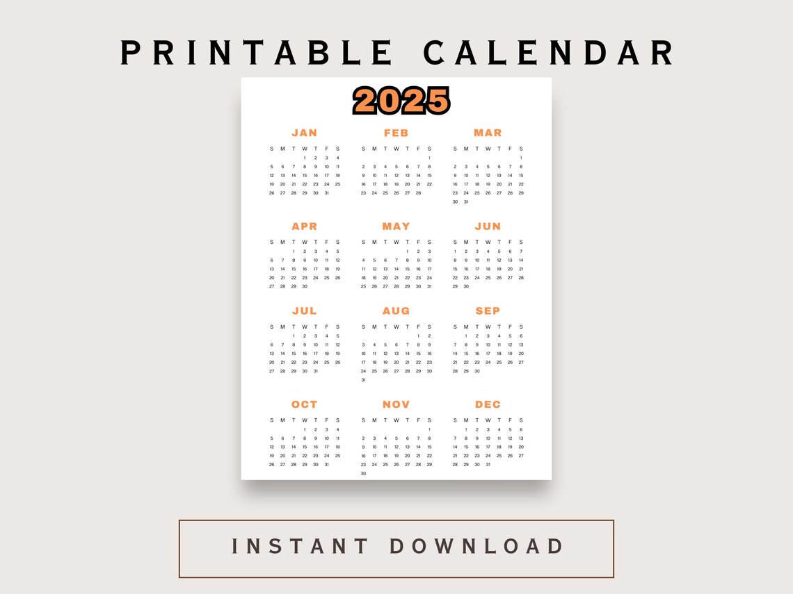 2025 Calendar- 12 Month - Single Page - PDF - Instant Download ...