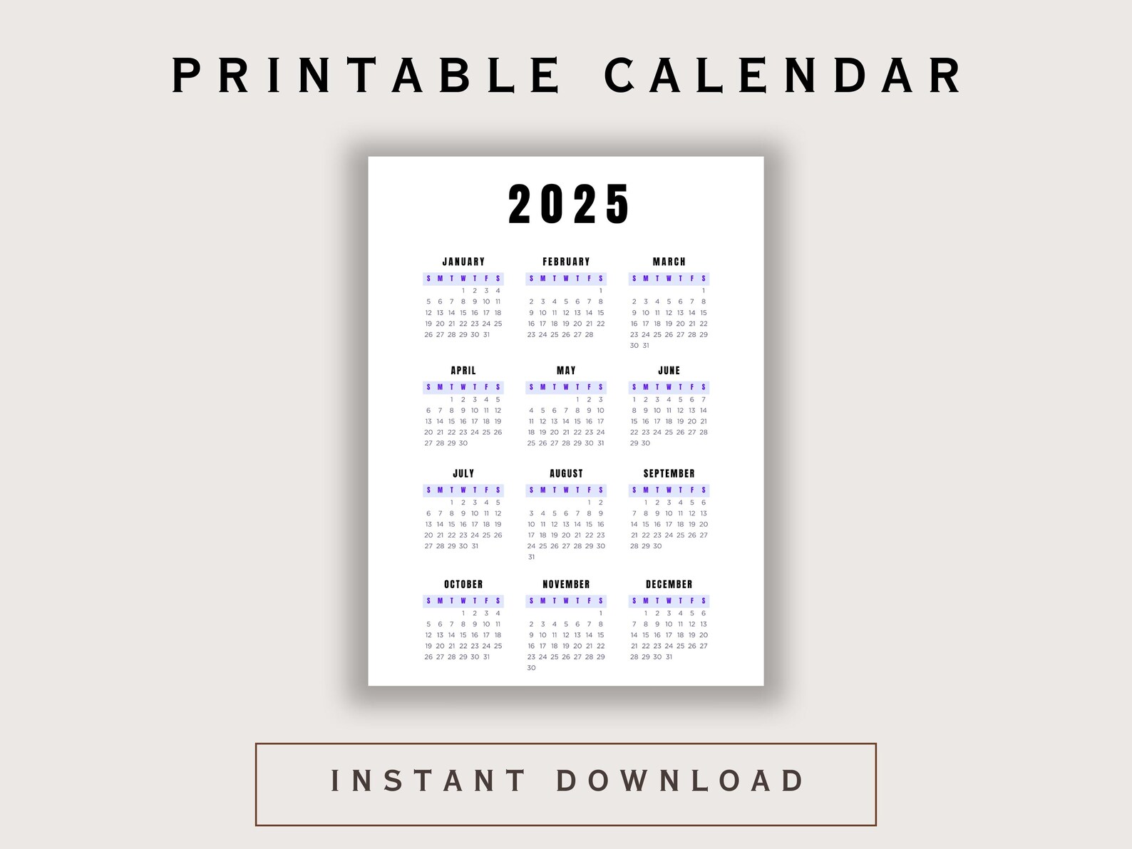 2025 Calendar- 12 Month - Single Page - PDF - Instant Download ...