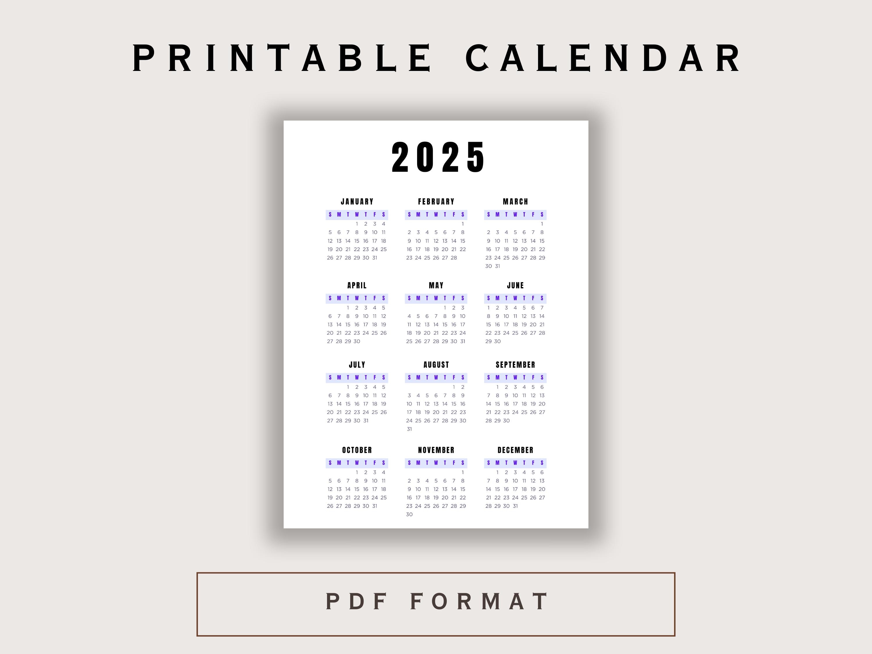 2025 Calendar- 12 Month - Single Page - PDF - Instant Download ...