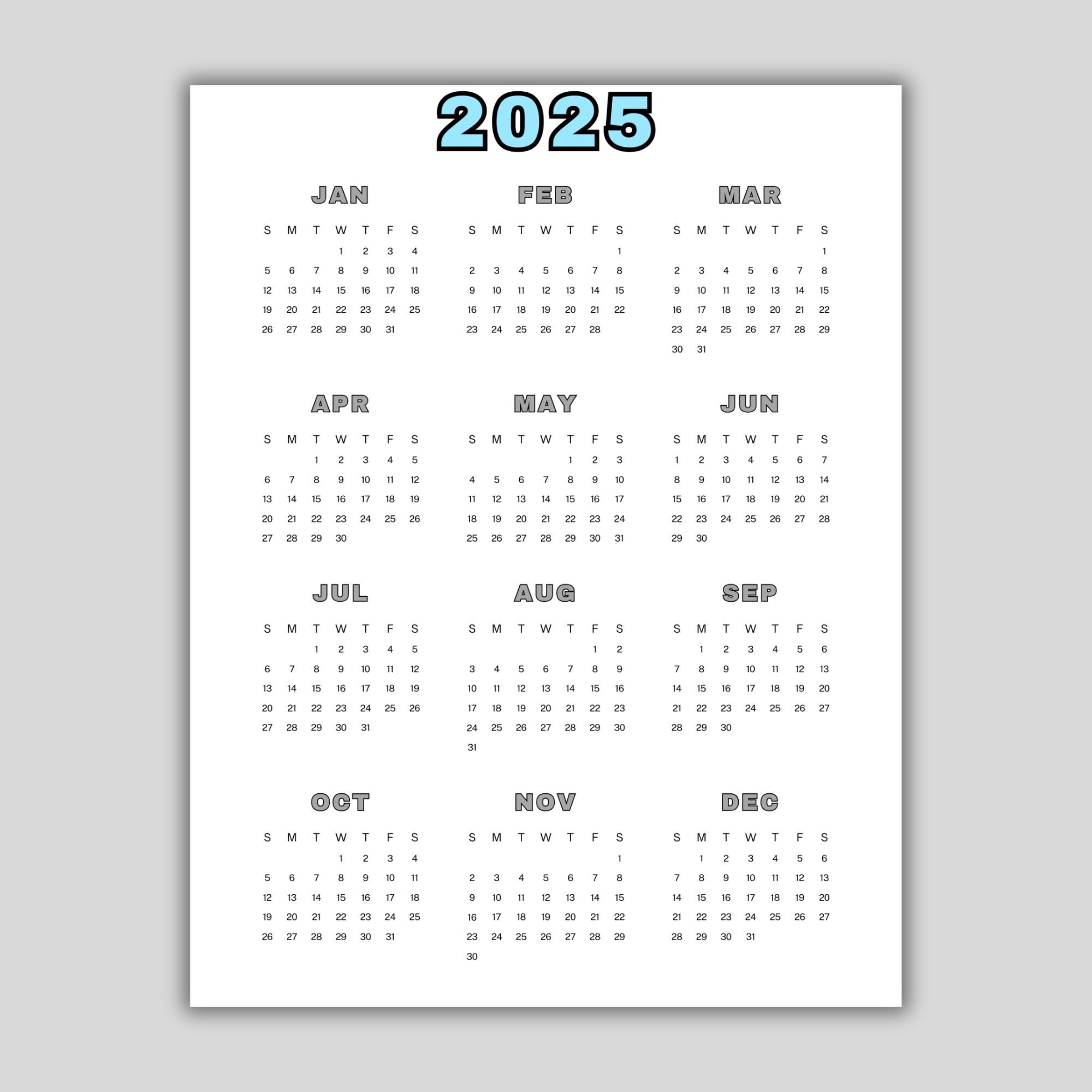 2025 Calendar- 12 Month - Single Page - PDF - Instant Download ...