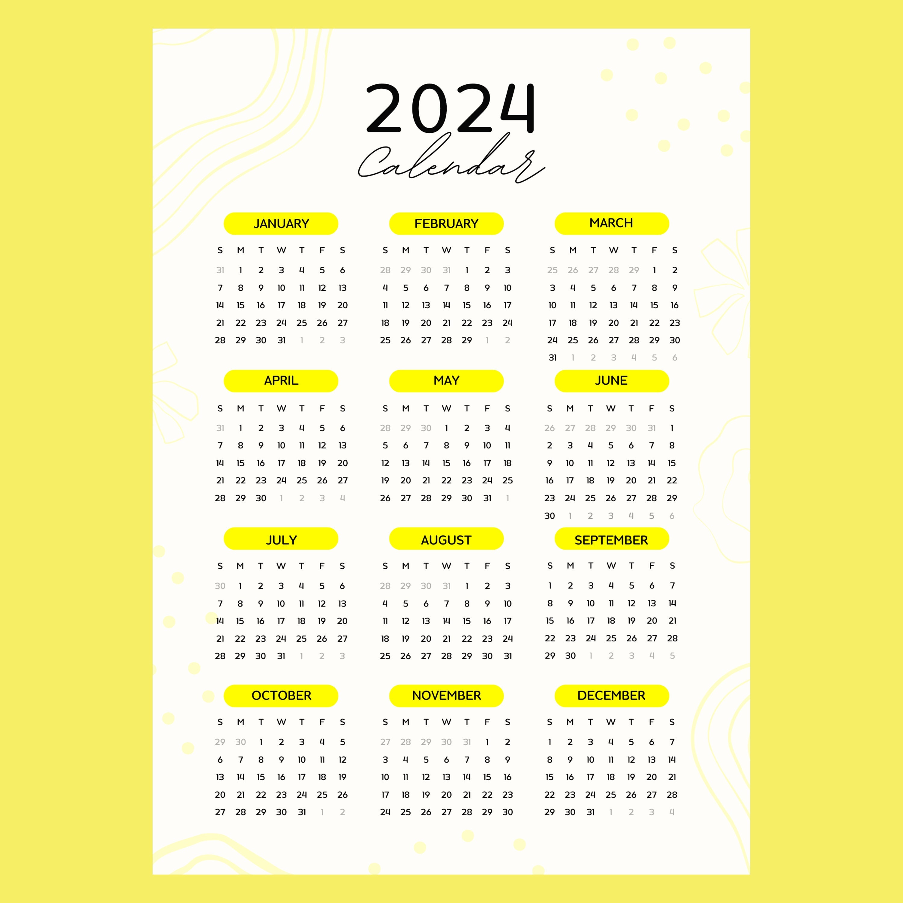 2024 Calendar 12 Month Single Page PDF Instant Download Printable - Etsy