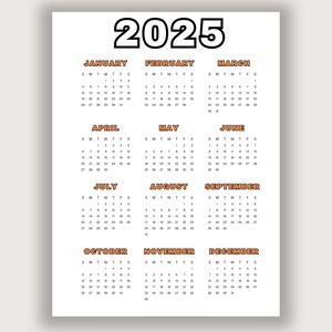 2025 Calendar- 12 Month - Single Page - PDF - Instant Download ...
