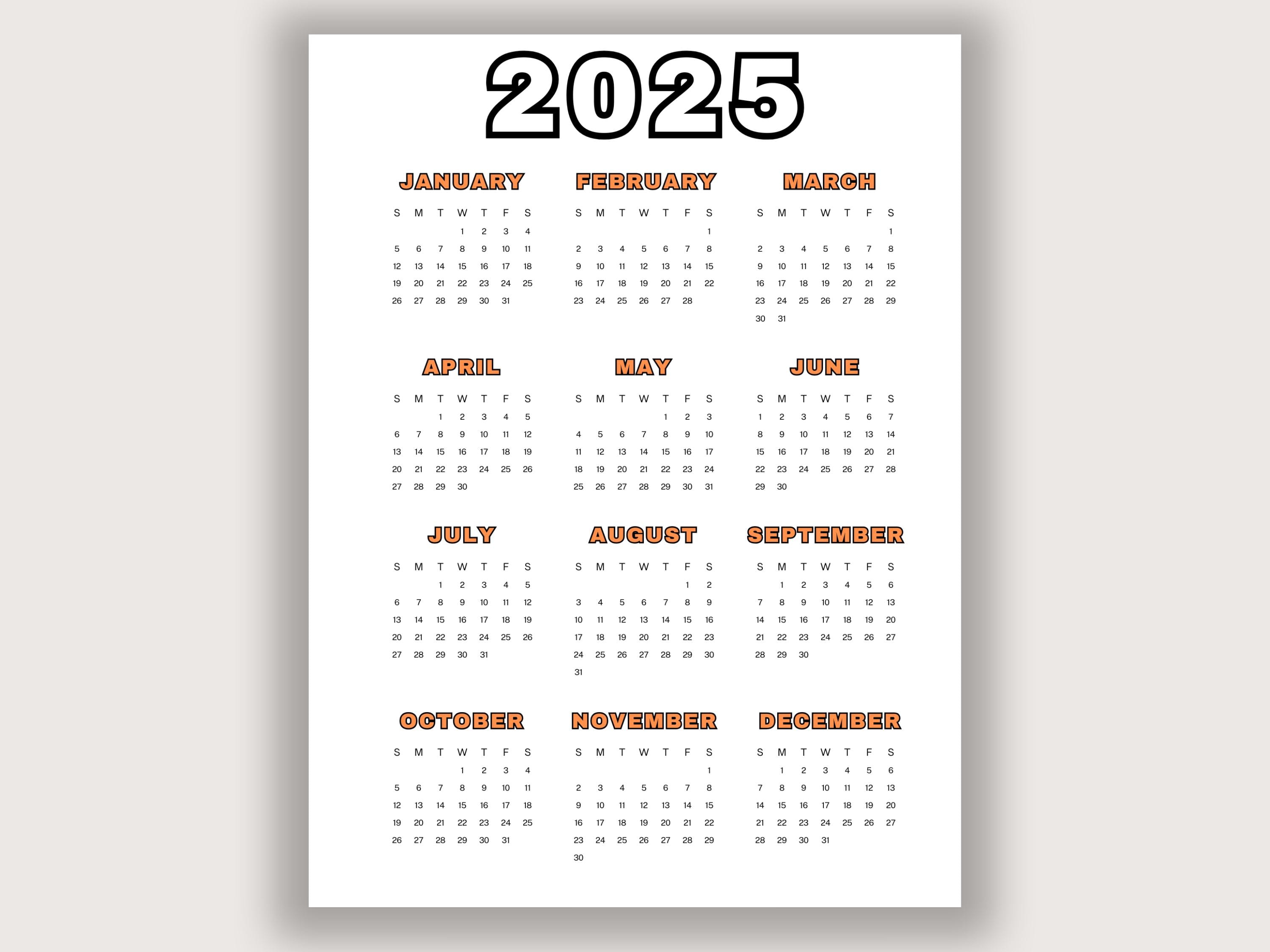 2025 Calendar- 12 Month - Single Page - PDF - Instant Download ...