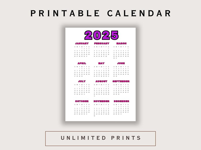 2025 Calendar- 12 Month - Single Page - PDF - Instant Download ...