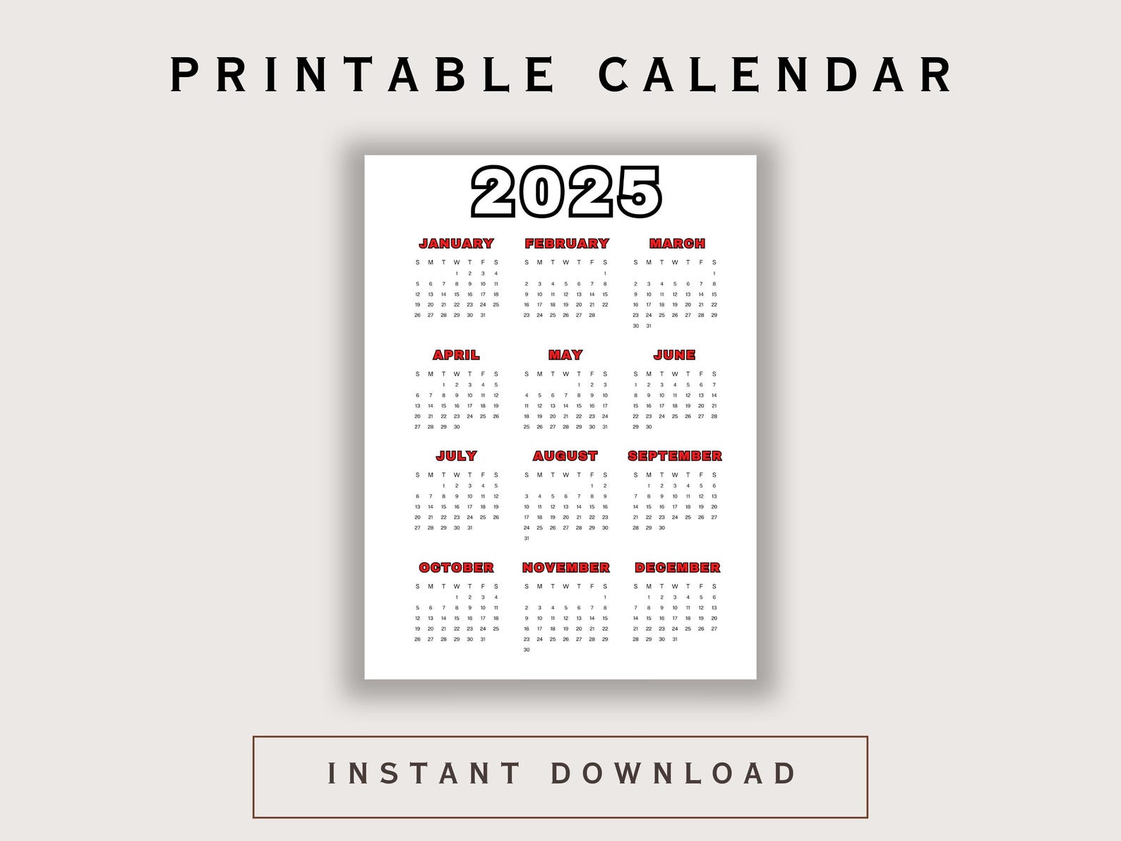 2025 Calendar- 12 Month - Single Page - PDF - Instant Download ...