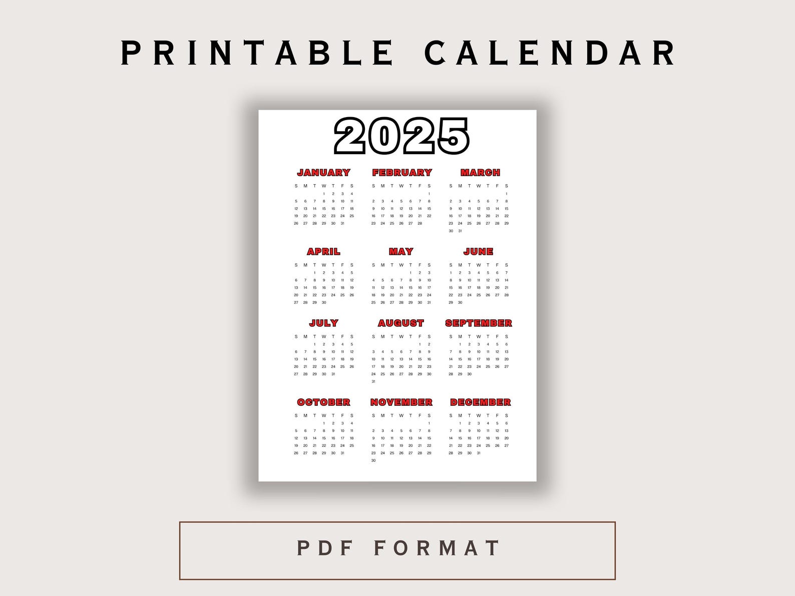 2025 Calendar- 12 Month - Single Page - PDF - Instant Download ...