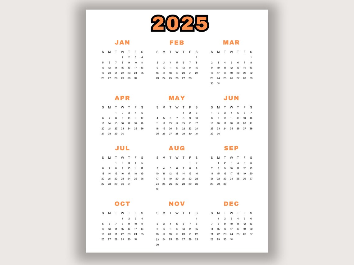 2025 Calendar- 12 Month - Single Page - PDF - Instant Download ...