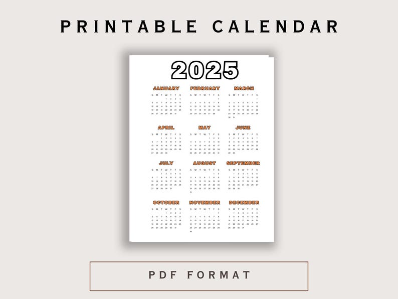 2025 Calendar- 12 Month - Single Page - PDF - Instant Download ...